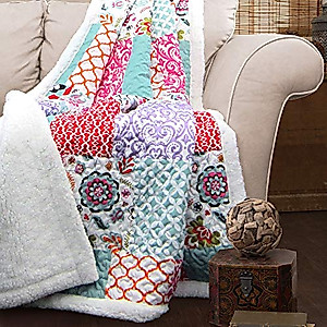 Lush Decor, Purple and Turquoise Brookdale Reversible Throw-Colorful Floral Pattern Patchwork Blanket-60 x 50", 60 x 50