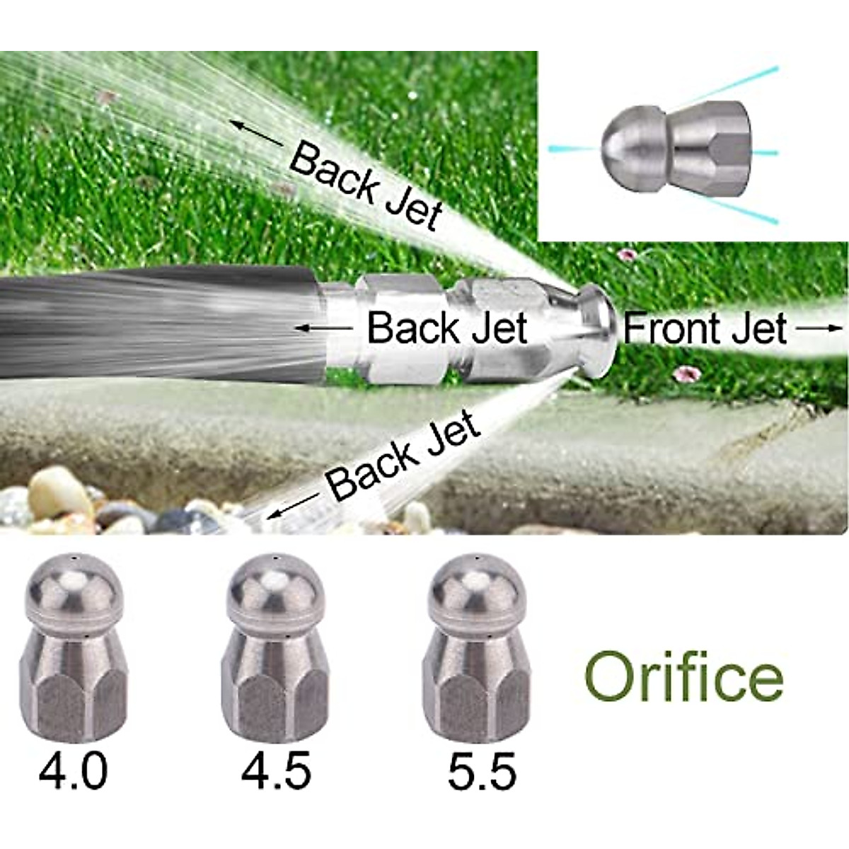 Sewer Jetter Kit for Pressure Washer 100 Ft, 1/4 Inch NPT Drain Cleaning Hose, Orifice 5.5, 4.5, 4.0 Button Rotating and Button Hose Sewer Jetting Nozzle (4000 PSI)