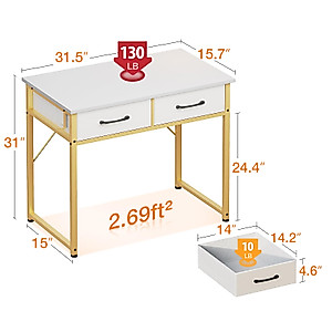 ODK Vanity Desk Without Mirror, Makeup Vanity with 2 Fabirc Drawers, White Vanity Dressing Vanity Table with Versatile Hook, 32 Inch Small Vanity for Bedroom, Desk Make Up for Girls, White and Gold