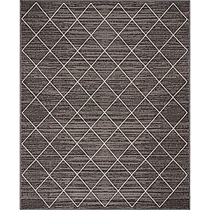 Well Woven Non-Slip Rubber Back (5' x 7') Diamond Lattice Print Grey Thin Pile Machine Washable Indoor Outdoor Area Rug