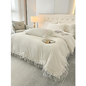MOOWOO Chic Ruffle Lace Polyester Duvet Cover Set -Girl Red Bedding-3 Piece Queen Duvet Cover with Zipper Closure -Ultra Soft and Light Weight (White,Full)