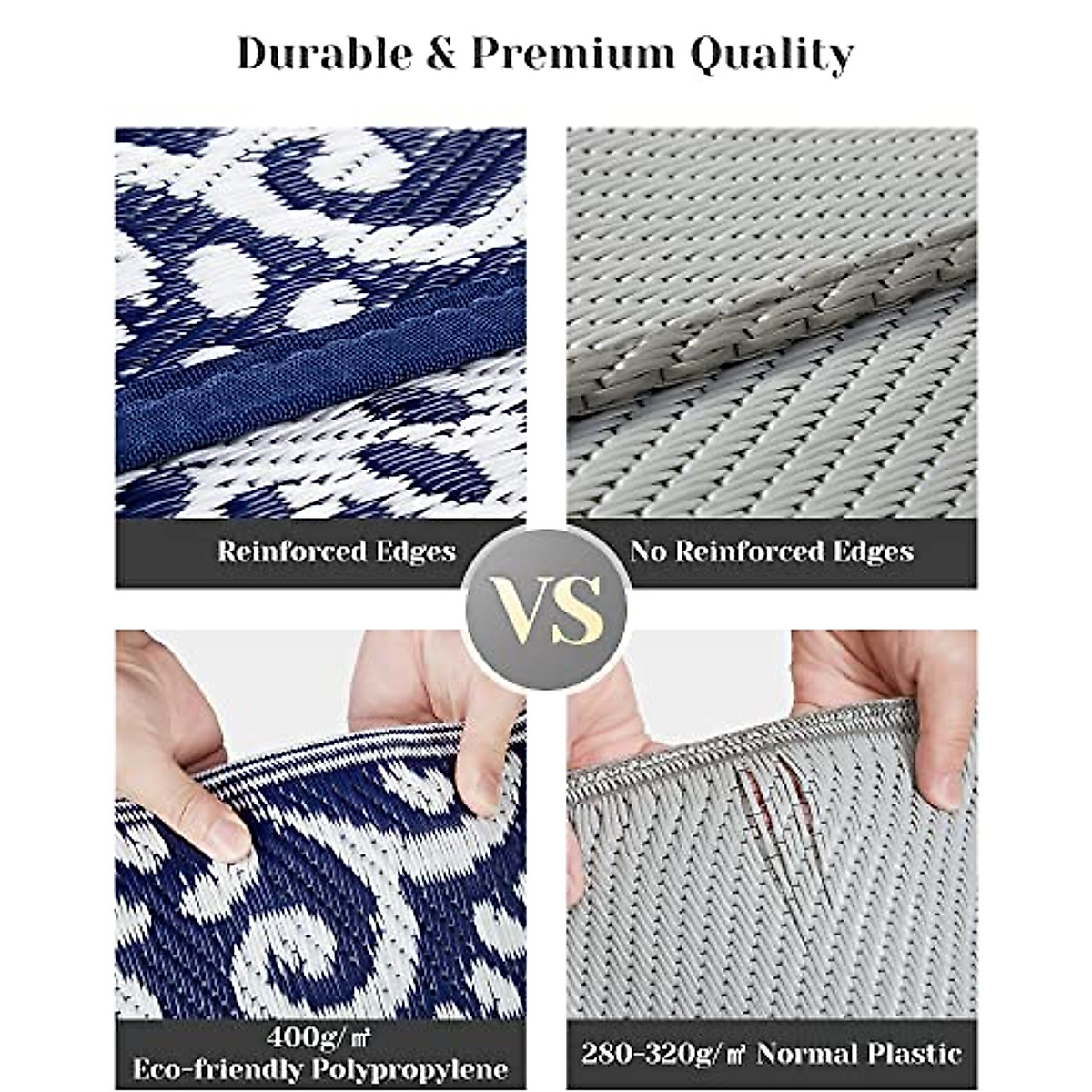 HOMEIDEAS Outdoor Rug, Waterproof Patio Plastic Straw Rugs, RV Reversible Camping Mat, Portable Area Rugs for Outdoors, Camping, Picnic, Beach, Backyard, Deck, Trailer, Navy Blue & White, 5' x 8'