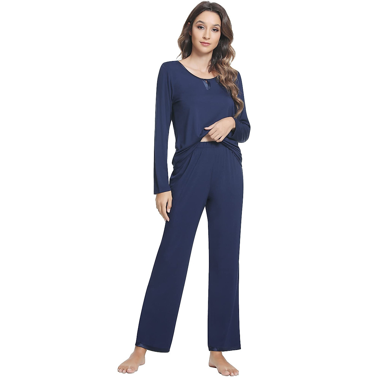 NACHILA Pajamas Set for Women Long Sleeve Pjs Soft Sleepwear Comfy Loungewear Sets with Pants, Viscose Made from Bamboo Navy M