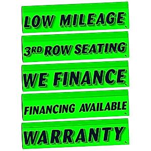 Versa Tags Windshield Slogan Stickers 12 Pack Each of Low Mileage, 3RD Row Seating, WE Finance, FINANCING Available, Warranty (60) Window Stickers Total Dealership Stickers Black On Green