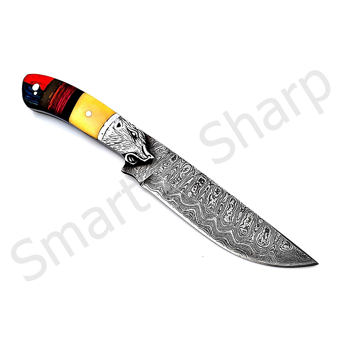 Smart & Sharp Custom Handmade Damascus Steel Hunting Knife/Skinning Knife AA-17287 (Natural Bone and Multi Color Wood)