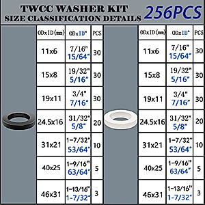 TWCC 256 Pcs Assorted Flat Rubber Washers Plumbing Large Gasket Assortment Kit Hose Gasket Set,for Garden Hose Adapter Water Tank Pipe Splitter Shower Head Water Meter Coupling Washers Repair