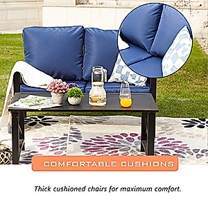 LOKATSE HOME 2 Pieces Patio Loveseat Metal Frame with Coffee Table Outdoor Bistro Furniture Set for Lawn Porch Garden Yard Poolside, Blue