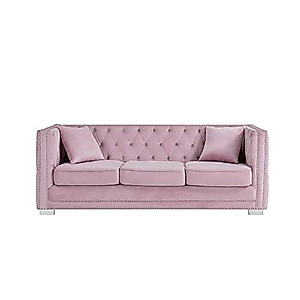 Iconic Home Christophe Sofa Velvet Upholstered Button Tufted Nailhead Trim Shelter Arm Design Silver Tone Metal Block Legs Modern Transitional, Pink