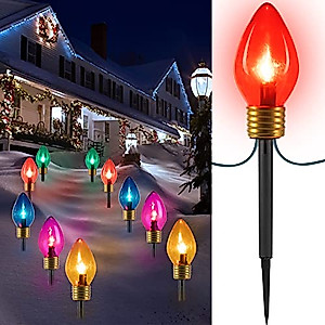Christmas Lights Jumbo C9 Outdoor Lawn Decorations with Pathway Marker Stakes, 2 Pack 8.5 Feet String Lights Covered Jumbo Multicolored Light Bulb for Holiday Outside Yard Garden Decor, 10 Lights
