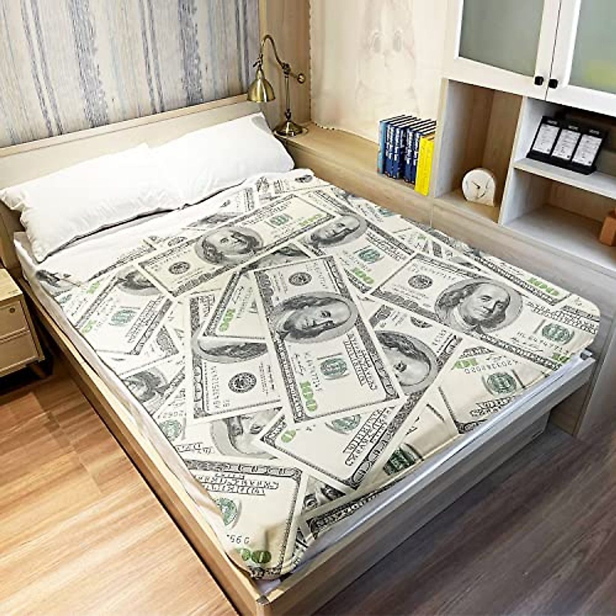 HommomH Fleece Blanket 60" x 80" Beige Funny 100 Dollar Bill Cash Us Cute Things Money Lightweight Fuzzy Cozy Soft Warm Throw for Men Women, Air Conditioning