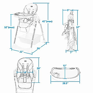 INFANS Foldable High Chair with Large Storage Basket - Adjustable Heights, Recline & Footrest, Removable PU Cushion, Detachable Double Trays, 5-Point Safety Harness for Baby, Infants & Toddlers