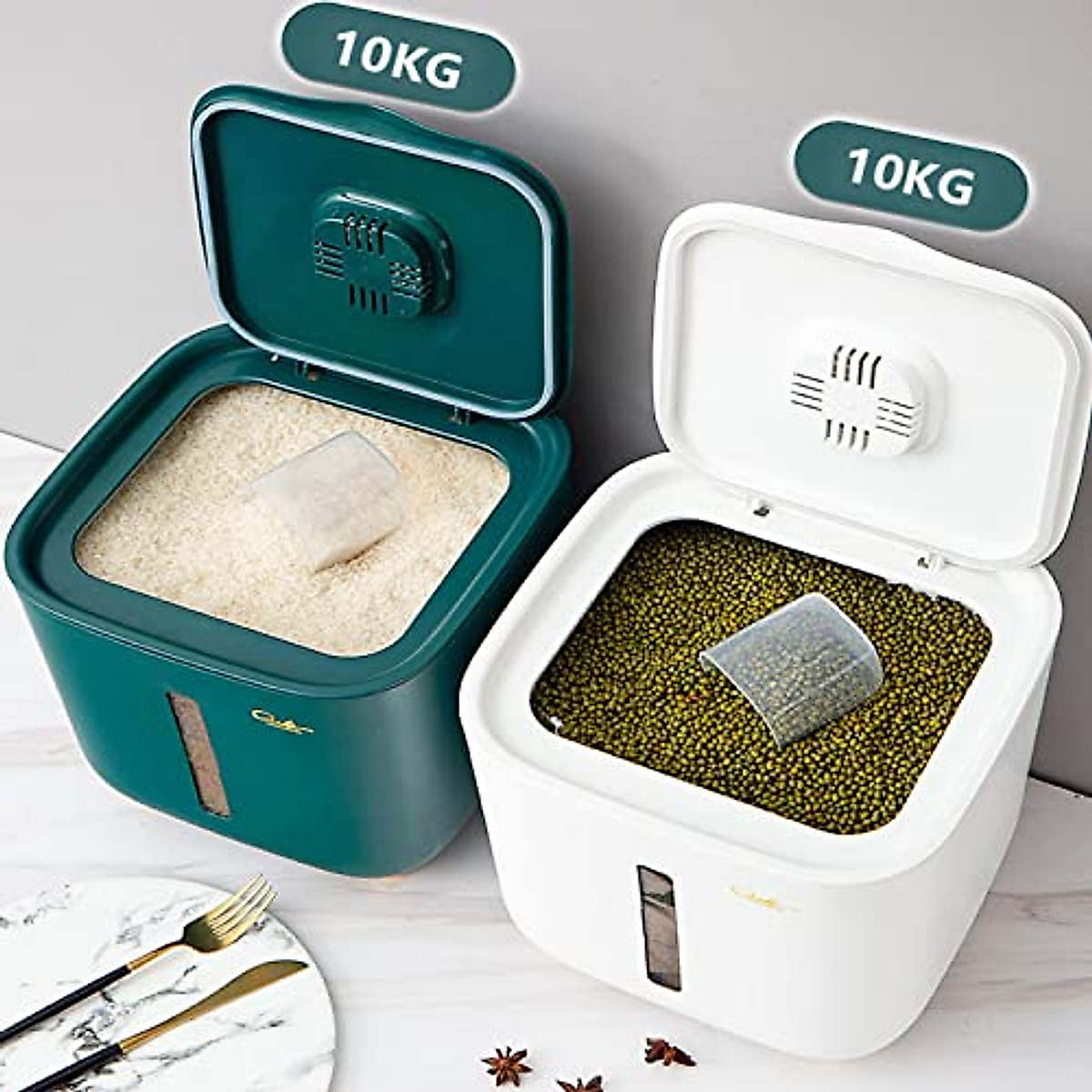 HOMHOLDON 22 Lbs Rice Dispenser, Large Sealed Grain Storage Container with Measuring Cup Food Dispenser Kitchen Organizer Storage bins for Rice,Beans,Grains,Cereal Dry Food,Pet Food(White&Gold)