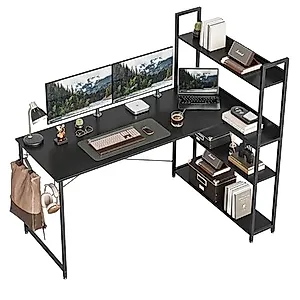 CubiCubi Computer Corner Desk with Storage Shelves, 55 Inch Reversible Small L Shaped Computer Desk, Home Office Writing Desk with 2 Hooks, Black