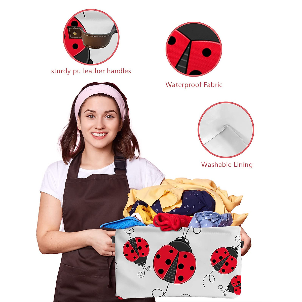 Lady-bugs Cube Storage Organizer Bins with Handles, 15x11x9.5 Inch Collapsible Canvas Cloth Fabric Storage Basket, Red Minimalistic Abstract White Books Bin Boxes for Shelves, Closet