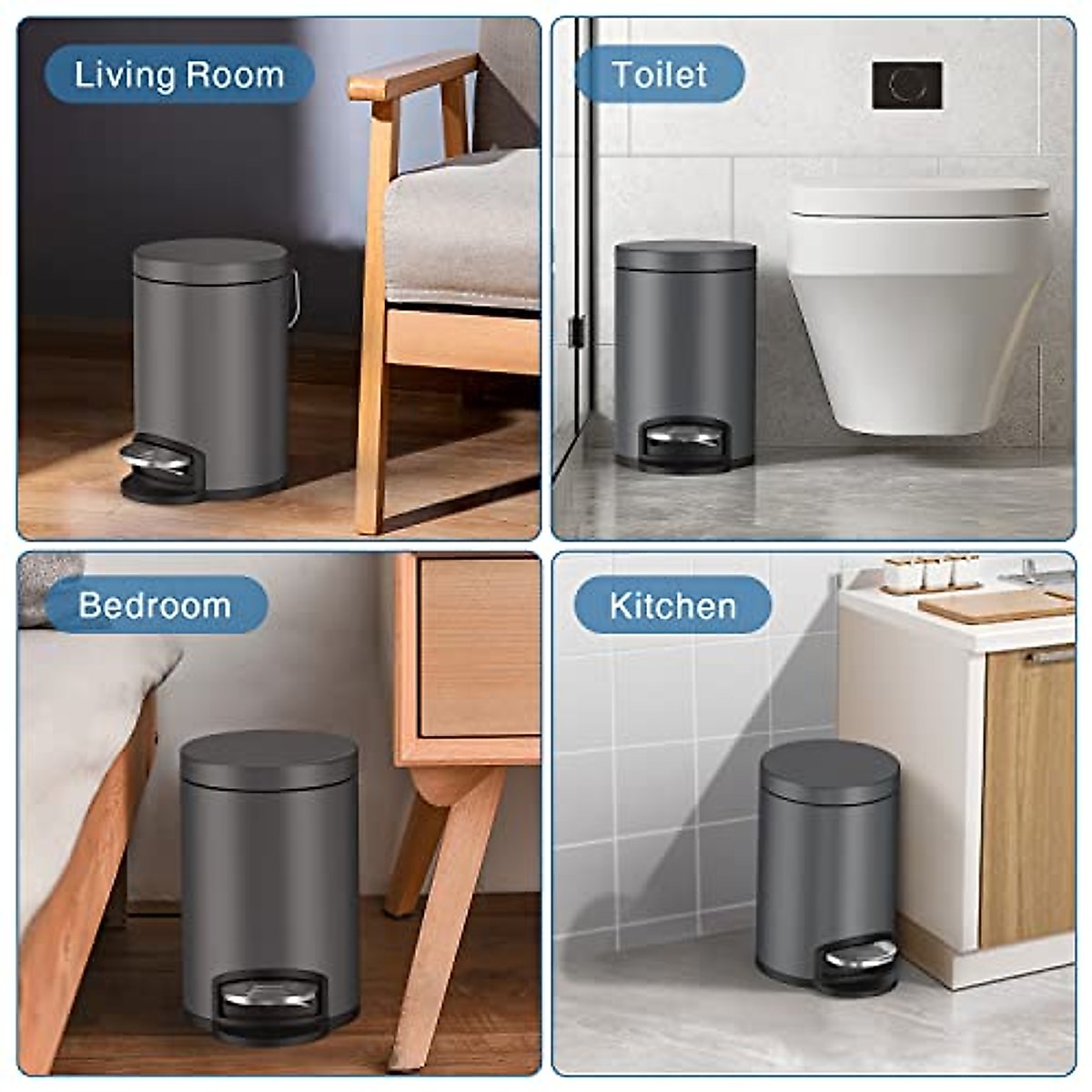H+lux Small Trash Can with Lid, Round Garbage Can with Foot Pedal, Removable Inner Wastebasket, Anti-Fingerprint Matt Finish, 0.8Gal/3L, Grey