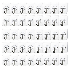COLOGO 100 Pack Adhesive Hooks 24lb(Max) Heavy Duty Self Adhesive Hooks, Transparent Reusable Seamless Adhesive Wall Hooks for Kitchens, Bathroom, Office