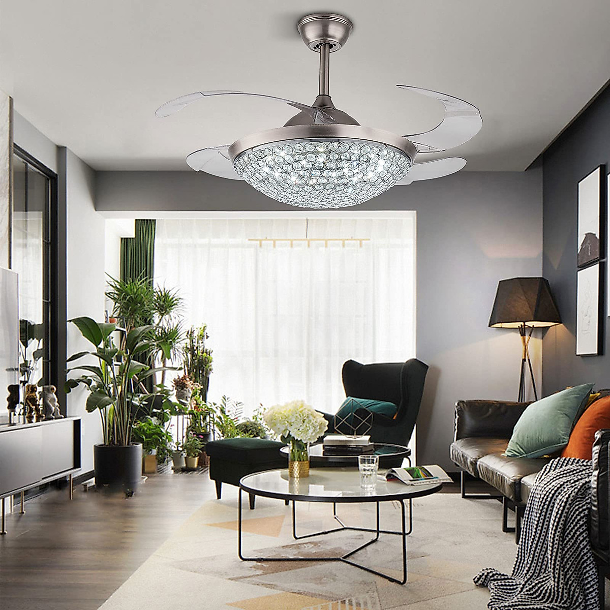 GDNTMU Ceiling Fan with Lights Remote Control 42 inch, Modern Ceiling Fan Chandelier Invisible 4 Retractable Blade with 3 Light Color Changes and 3 Speeds for Dining/Living Room Bedroom