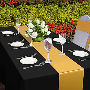 12Pack 12x108 Inch Satin Table Runner and 54x108Inch Plastic Tablecloths Set Black and Gold Disposable Rectangle Table Cover for Graduation Wedding Bridal Shower Anniversary Birthday Party Decorations