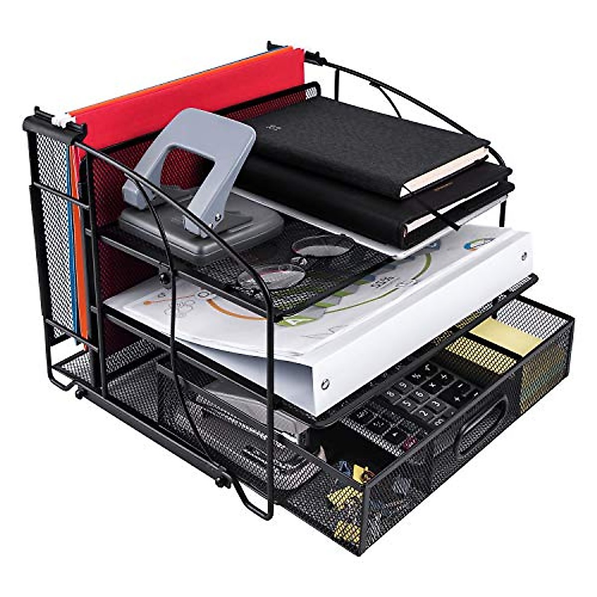Amazon Basics Desk Organizer 3 Tray w/Sliding Drawer and Hanging File Holder, Black