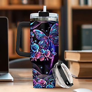 99OWL Butterfly Jewelry Angels, Tumbler 40 Oz With Handle Lid And Straw, Butterfly Gifts, Coffee Purple Navy Blue Royal Flower Light Floral Tumblers For Black Straws Glitter Women