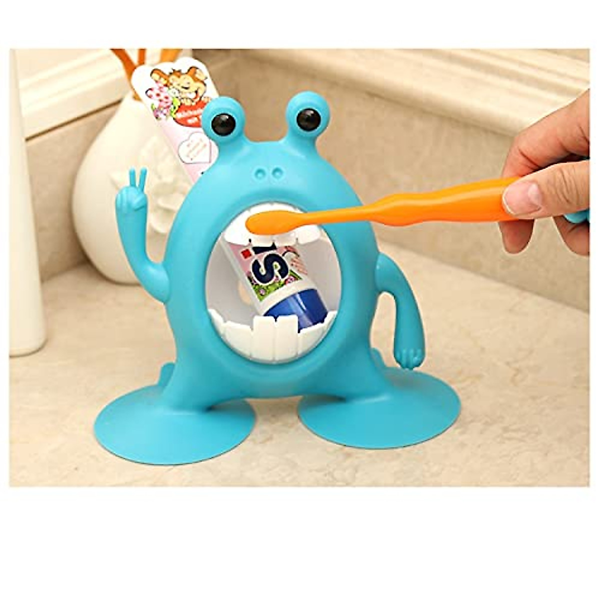 Cartoon Frog Fun Kids Toothbrush Holder with Suction Cup for Bathroom,Toothpaste Holder with Cup for Mounting on Smooth Wall for Toddler Kids Baby Boys Girls in Bathroom Shower Bedroom Office (Blue)