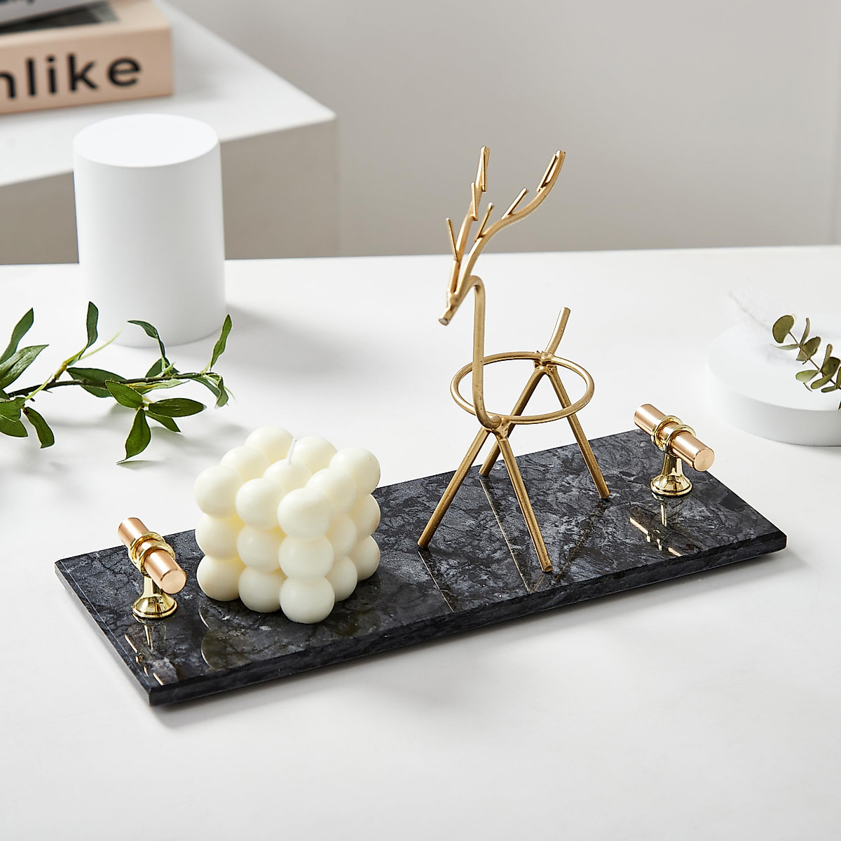 Denique Guest Towel Holder Tray for Bathroom, 12" Marble Bathroom Tray, Paper Napkin Holder Hand Towel Tray for Bathroom, Countertop Organizer Vanity Tray Decorative Tray with Gold Handles (Gray)