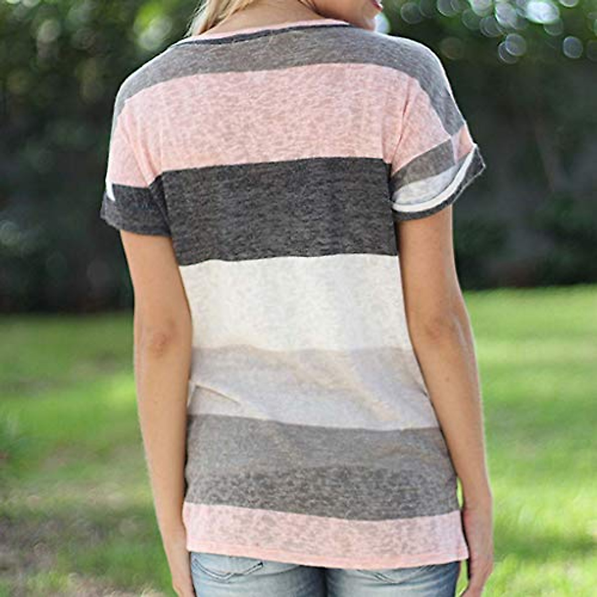 Women's Tunic Tops V-Neck Color Block Short Sleeve T-Shirt Stripe Print Pocket Blouse Gray