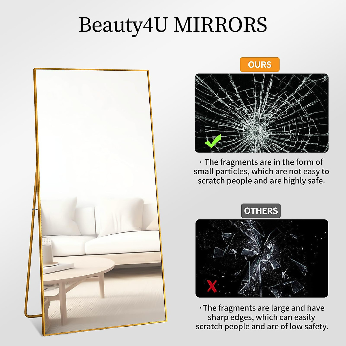 Beauty4U 65" x 24" Full Length Mirror with Stand, Gold Wall Mounting Full Body Mirror, Metal Frame Full-Length Tempered Mirror for Living Room, Bedroom