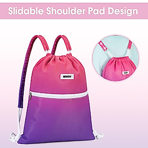 WANDF Drawstring Backpack Sports Gym Bag with Shoulder Pads Water Resistant String Bag Cinch Bag for Women Men (Rose Red)