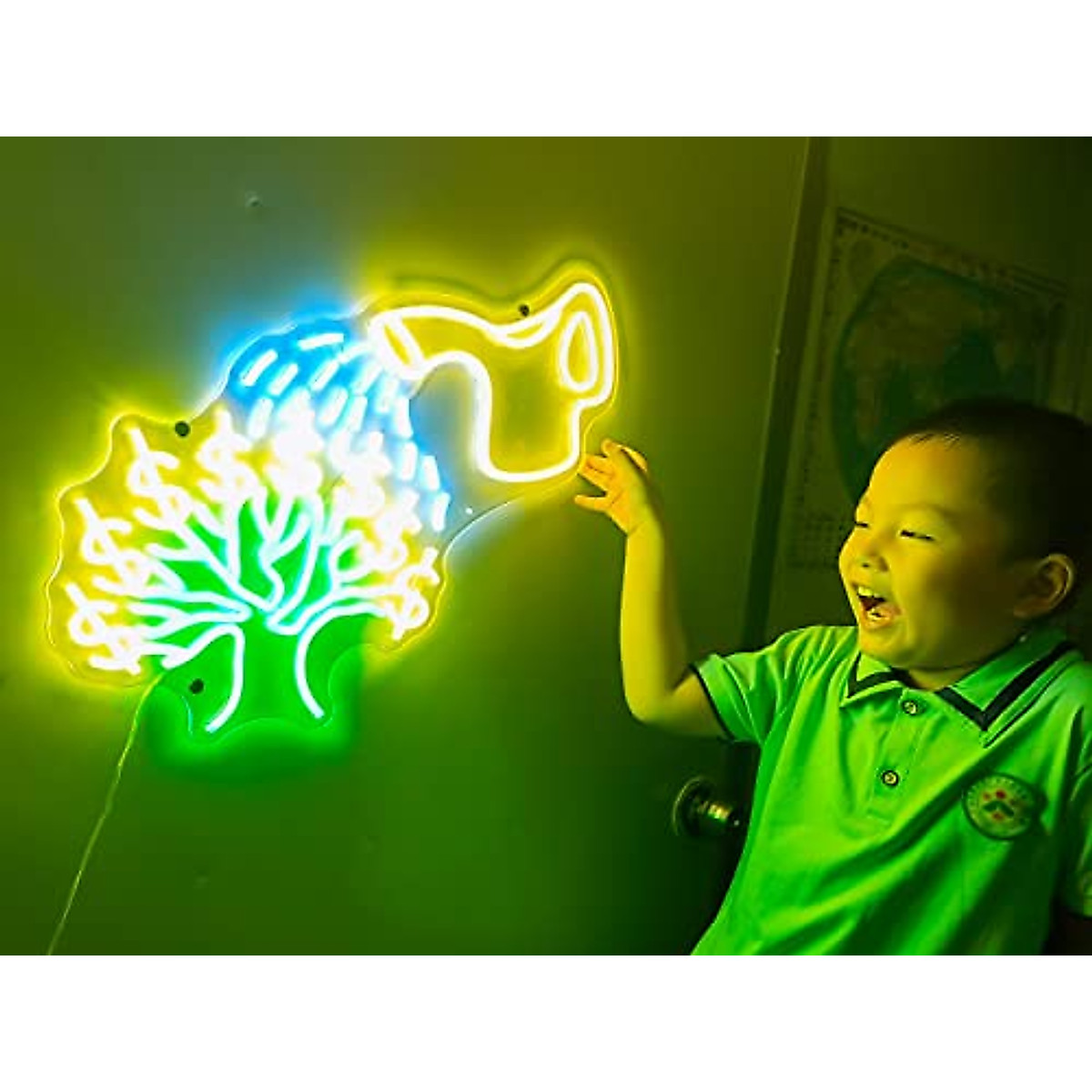 This is Money Tree LED Sign for Bedroom Wall, Large Neon Sign Wall Home Decor Suitable for Home, Bar, Studio, Club, or Restaurant Decor Green-ice Blue-Yellow