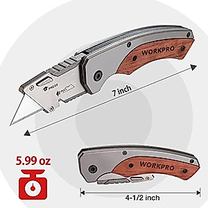 WORKPRO Folding Utility Knife, Quick-Change Box Cutter with Stainless Steel Head & Liner Lock, Wood Handle Razor Knife and Extra 10PC SK5 Blades