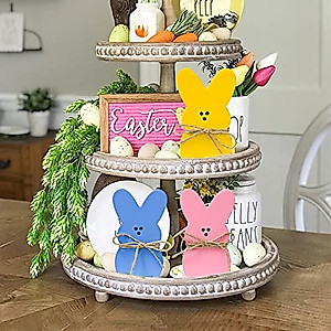 3Pcs LEBERY Easter Bunny Wooden Table Centerpieces Sign Wood Bunny Peeps Rabbit Shape Tiered Tray Decor Rustic Farmhouse Decor Easter Bunny Decor for Spring Home Office Dining Room Mantel Tabletop