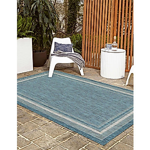 Unique Loom Outdoor Border Collection Area Rug - Soft Border (10'x 14' 1" Rectangle, Teal/ Ivory)