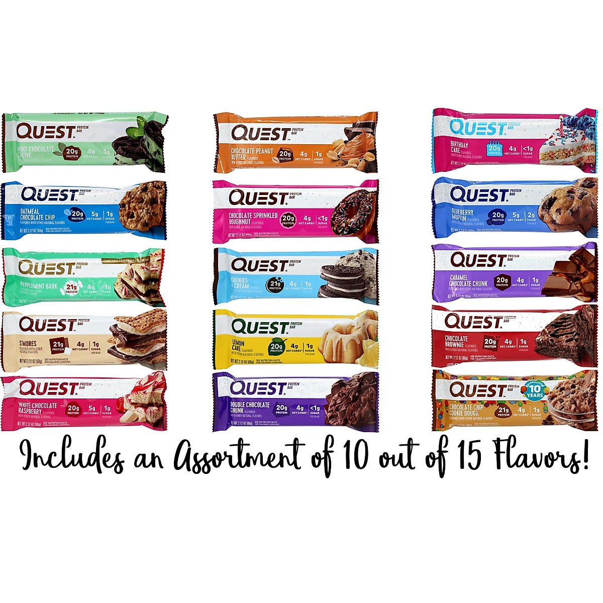 Quest Bars Protein Bars Variety Sampler | 10 Pack | 10 of 15 Flavors | High Protein Snack | 20g of Protein Per Bar And Only 1g Of Sugar | Niro Assortment, 10.0 Count, 1