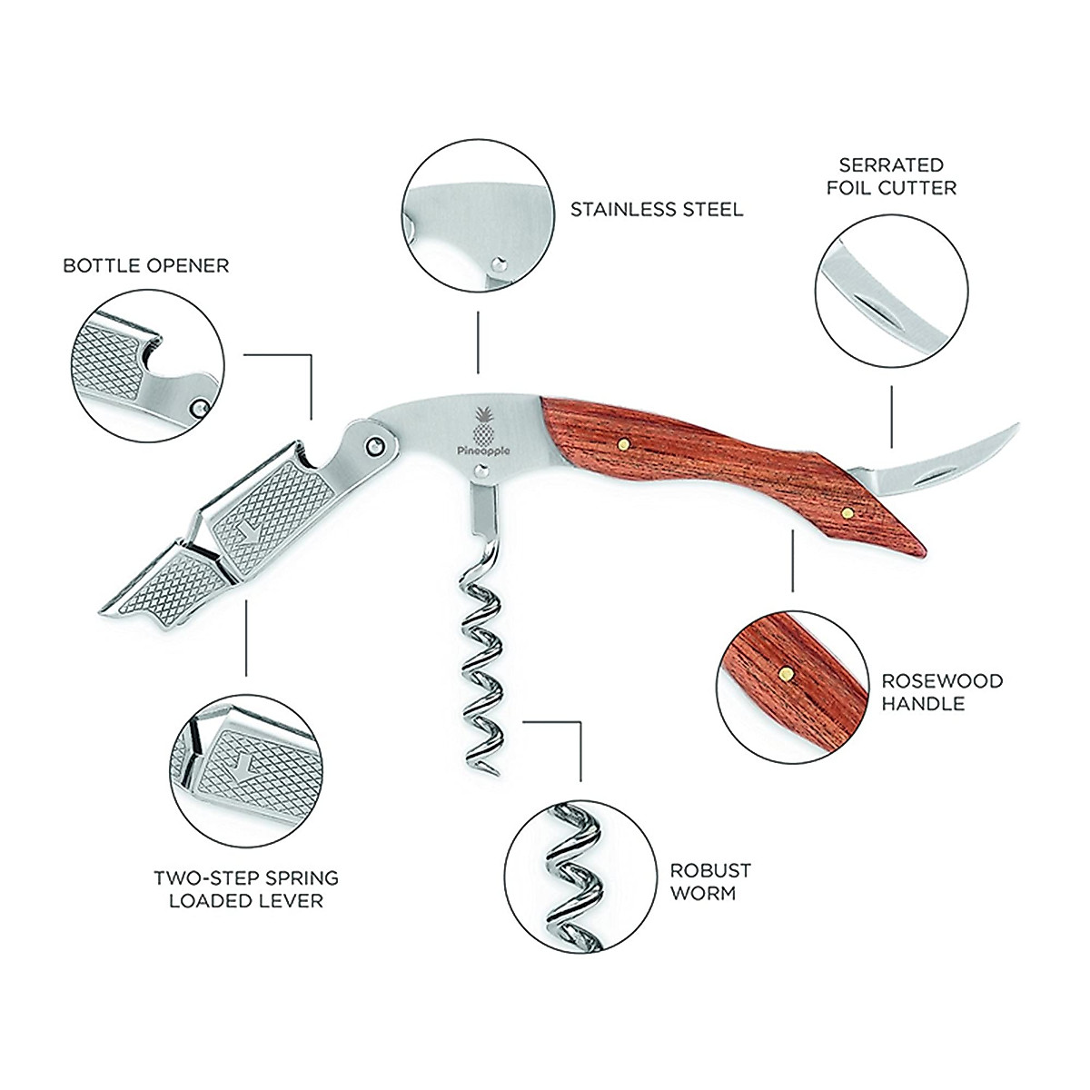 Pineapple [2 Pack] Corkscrew Wine Opener with Foil Cutter, Manual Bottle Opener Wine Key for Servers, Bartenders, Waiters, Sommeliers (Rosewood)