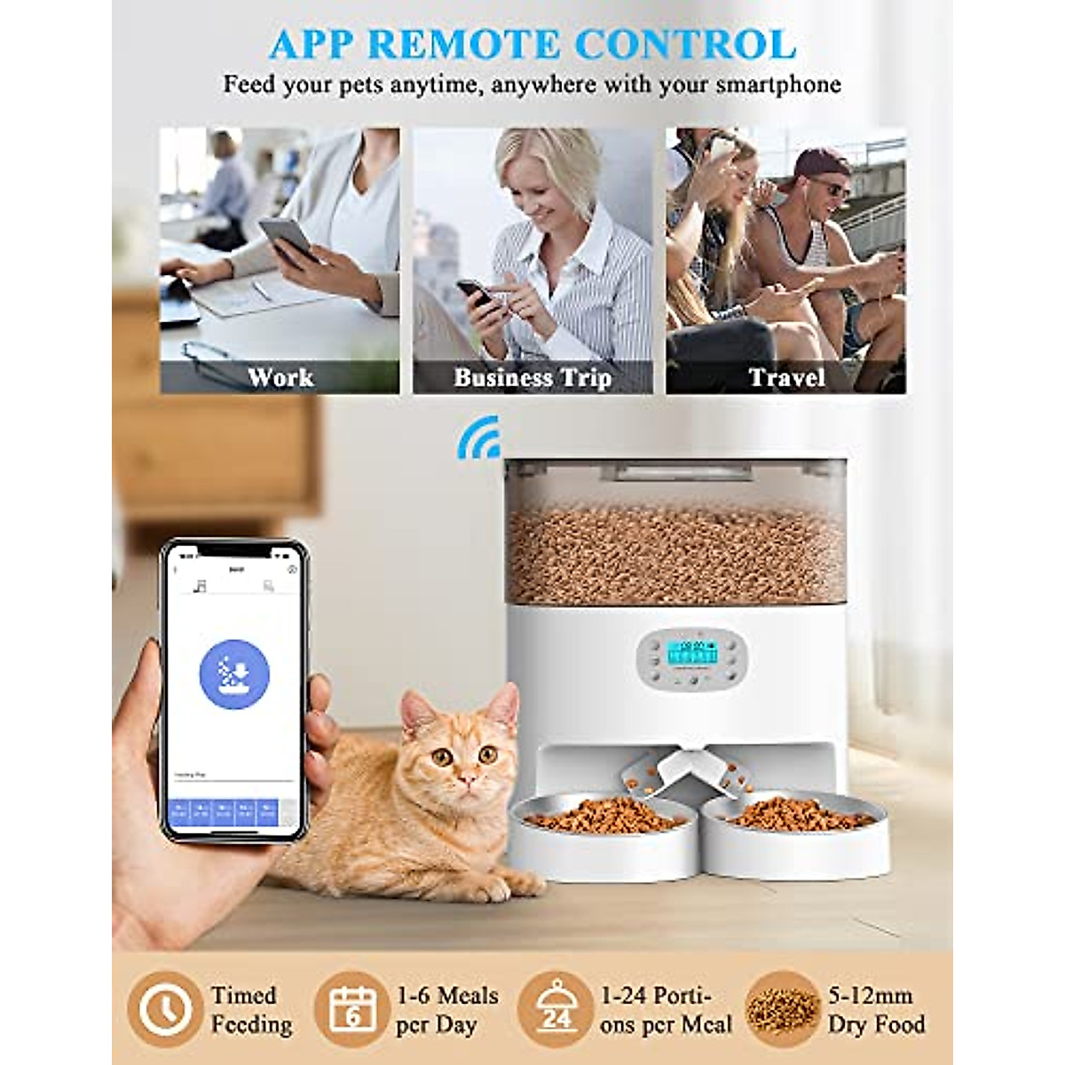 HoneyGuaridan 6L Automatic Cat Feeder for 2 Cats, 2.4G WiFi Enabled Smart Feed Automatic Pet Feeder for Cats & Dogs, Timed Pet Food Dispenser with Stainless Steel Bowl APP Control, 10s Voice Recorder