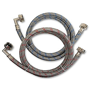 Premium Stainless Steel Washing Machine Hoses with 90 Degree Elbow, 6 Ft Burst Proof (2 Pack) Red and Blue Striped Water Connection Inlet Supply Lines