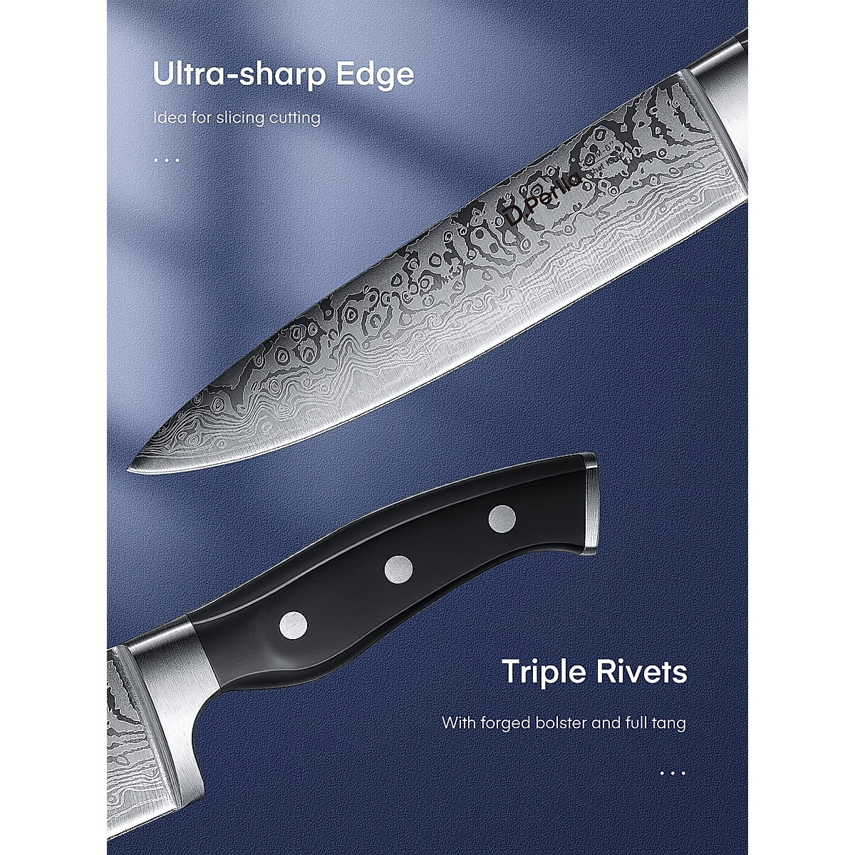 Knife Set, D.Perlla 14 Pieces Kitchen Knife Set with Built-in Sharpener, Stainless Steel Knives Block Set with Unique Waved Pattern, Non-slip Handle, Black