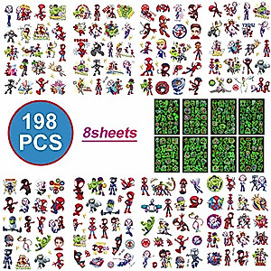 198PCS Spider Temporary Tattoos for Kids, 8 Sheets Luminous Birthday Party Supplies Favors, Anime Favors Decorations Cute Fake Stickers Teens, Water Bottles, Green