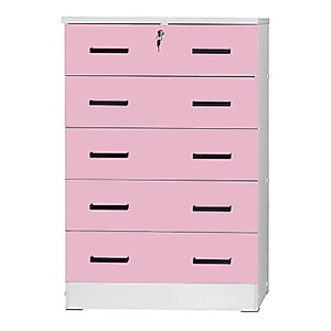 Better Home Products Cindy 5 Drawer Chest Wooden Dresser with Lock in Pink