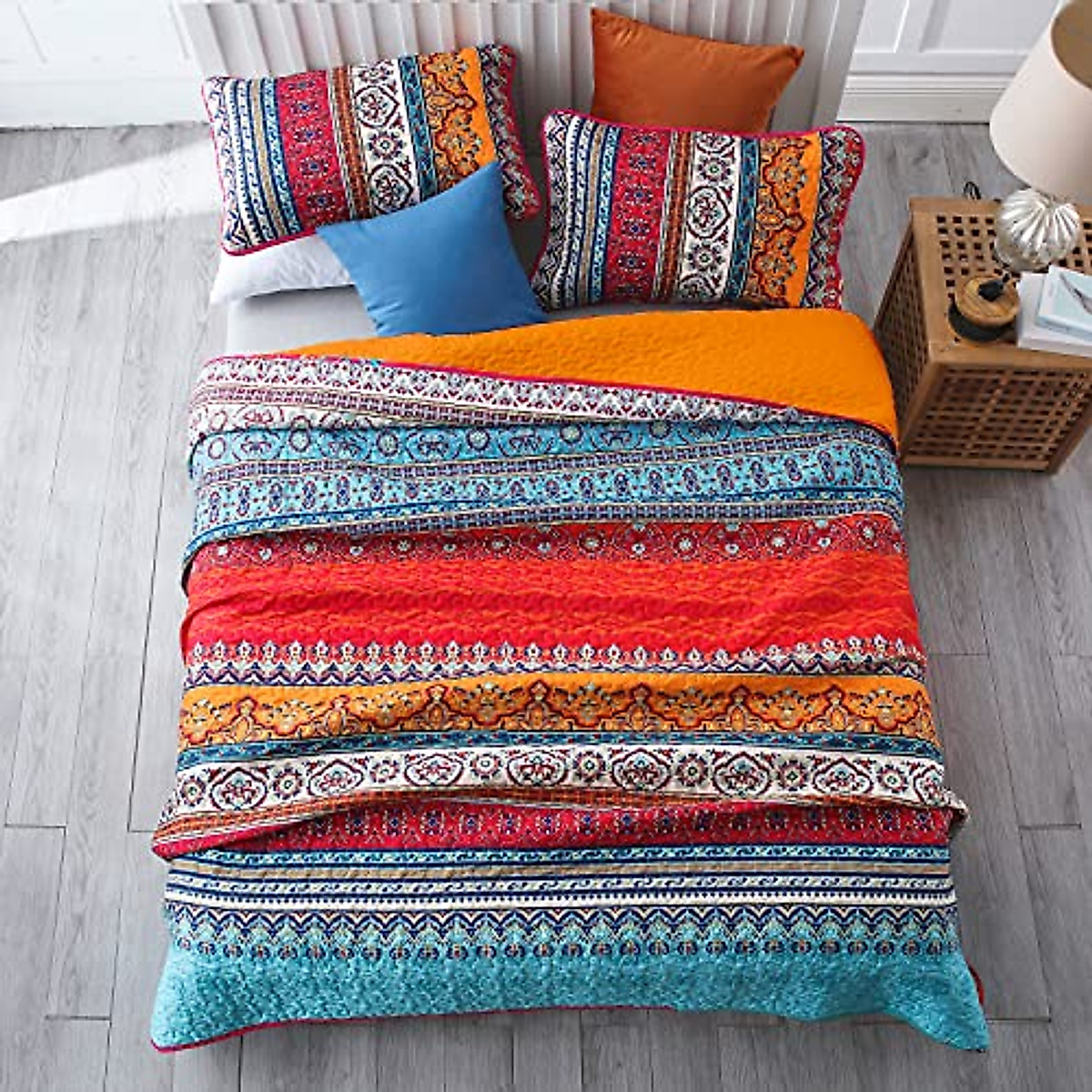 Boho Queen Quilt Set, Orange and Blue Bohemian Queen Quilt Bedding Set, Lightweight Bed Decor Bedspread for All Season 96"x90"(3 Pieces)