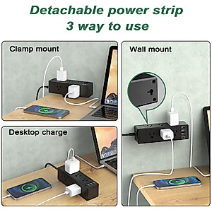 Desk Clamp Power Strip with USB C, Desk Surge Protector Power Strip with 9 AC Plugs 4 USB Ports, Desktop Edge Mount Outlets Charging Station, 6 FT Flat Plug, Removable Clamp Power Strip