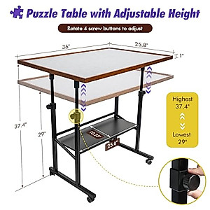Sunix 1500 Pieces Jigsaw Puzzle Table with Legs, 36"x26" Adjustable Height Puzzle Board with Cover & 6 Sorter Tray, 12-Tilting-Angle Portable Wooden Puzzle Table for Adults