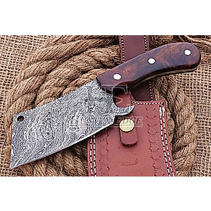 HUNTEX Handmade Hand-Forged Twist Pattern Damascus Steel 9 Inch Long Full Tang Walnut Wood Handle Razor Sharp Hunting Camping Cleaver Knife w/Genuine Leather Sheath
