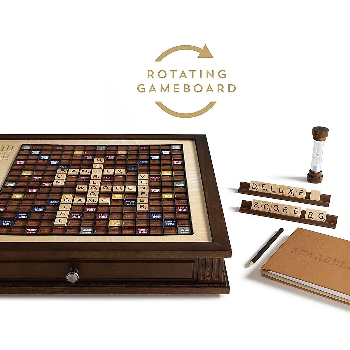WS Game Company Scrabble Heirloom Edition with Rotating Solid Walnut Cabinet
