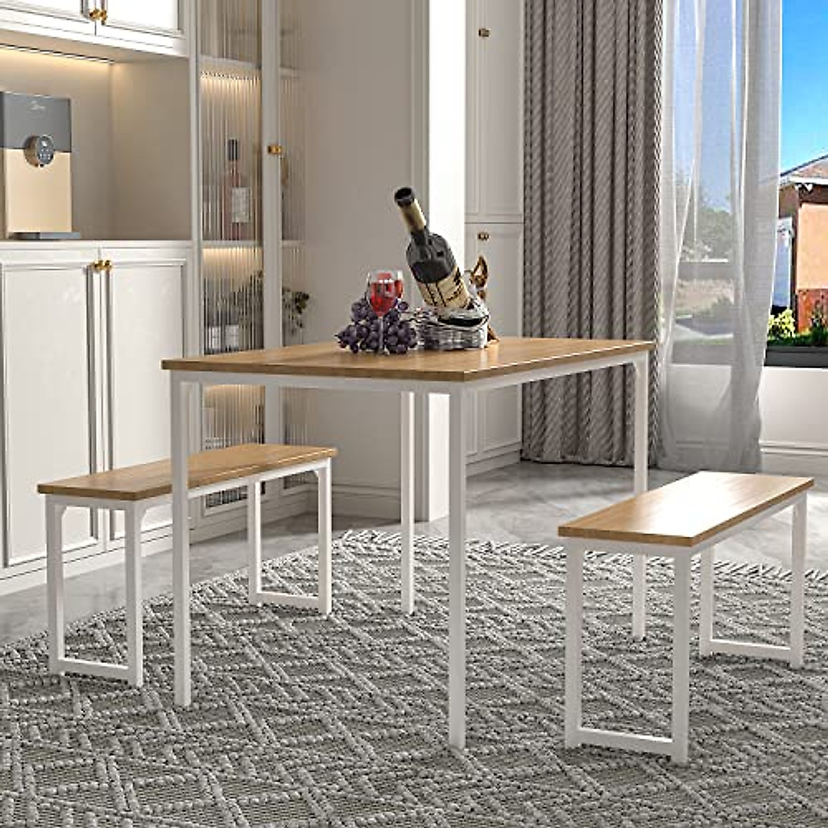 Bonzy Home Dining Room Table Set 3, 3 Piece Kitchen Table Set with Two Benches, Modern Wood Look Table Set for Kitchen,Dining Room, Restaurant (Off White)