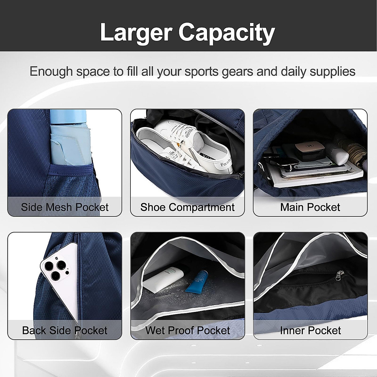 Hoedia Sports Drawstring Backpack - String Swim Gym Bag with Shoes Compartment and Wet Proof Pocket for Women/Men (Navy Blue)