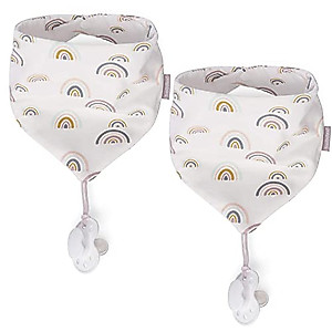 BooginHead Baby Bandana Pacifier Holder Cotton Bibs 2-Pack, Pink Rainbows
