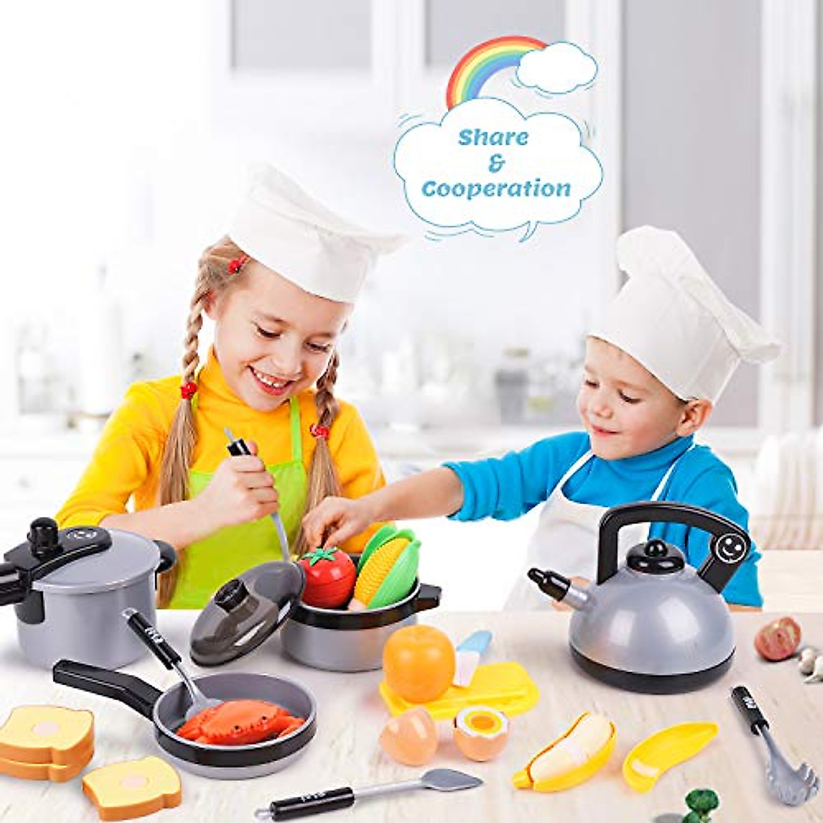 iPlay, iLearn Kids Kitchen Toy Accessories, Toddler Cooking Playset, Pretend Pots Pans Set, Fake Cookware Appliance Cutting Play Food, Utensils, Birthday Gift for 3 4 5 Years Old Girls Boys Baby Child