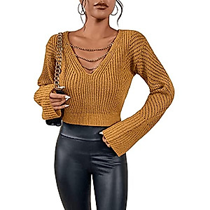 SweatyRocks Women's Long Sleeve V Neck Chain Top Pointelle Knit Pullover Sweater Crop Tops Ginger L